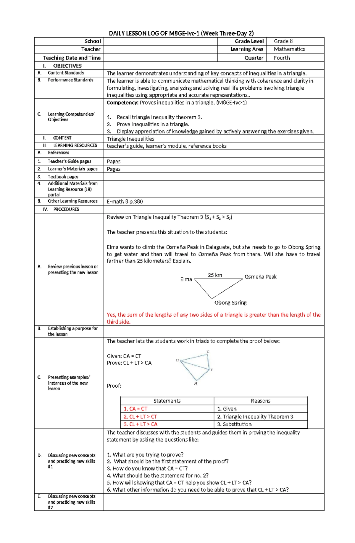 DAILY LESSON LOG: Grade 8 Math (Week 3) - Inequalities & Angles - Studocu