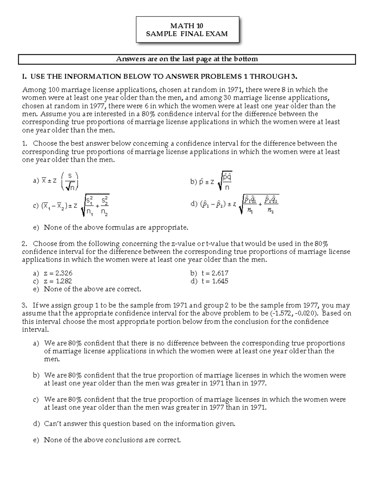 MATH 10 Sample Final Exam: Statistical Analysis Problems and Solutions ...