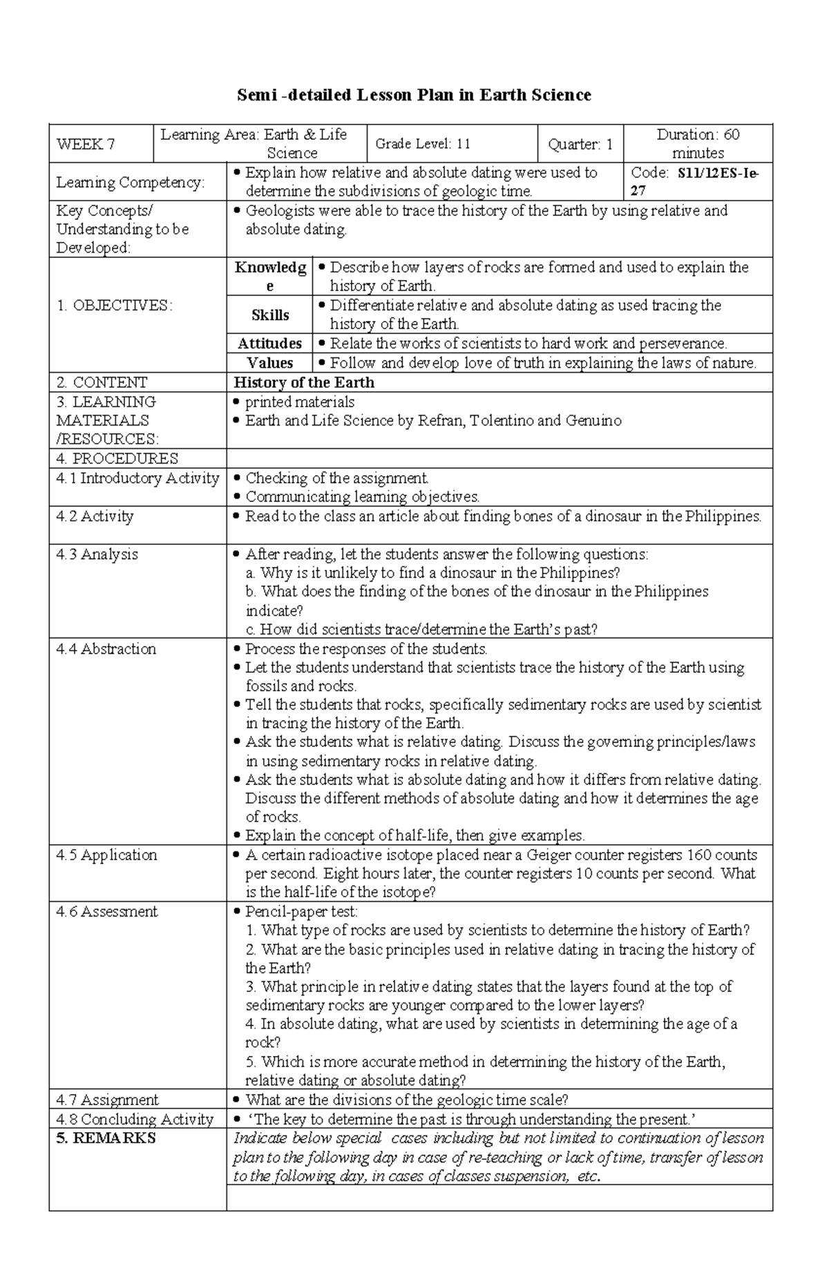 Lesson Plan 2: Earth Science (Grade 11, Quarter 1) - Dating Methods ...