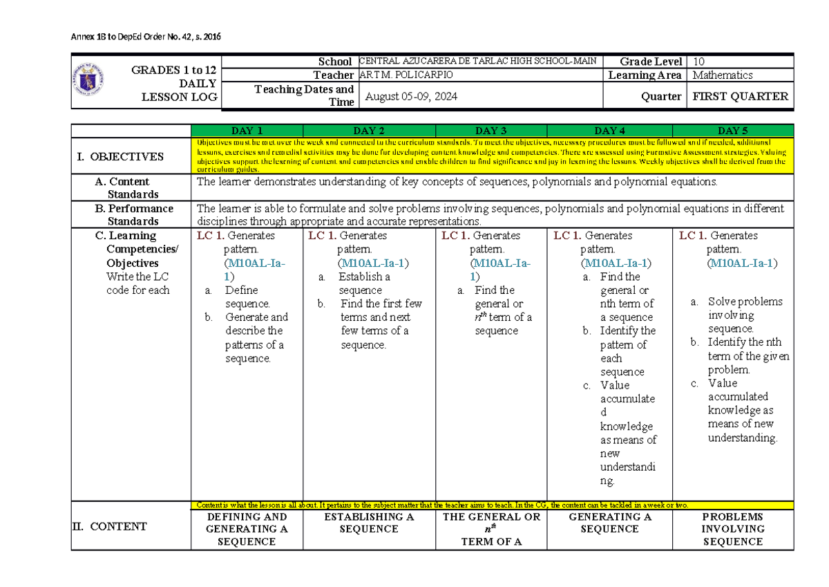 Math 10 dll q1 week 1 - DLL - Annex 1B to DepEd Order No. 42, s. 2016 ...