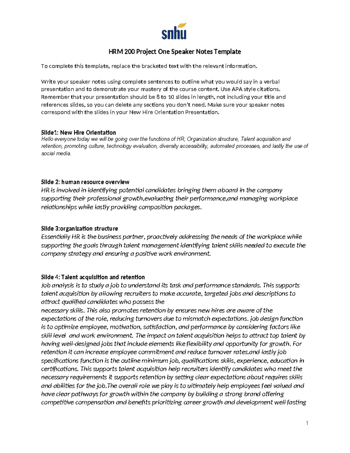 HRM 200 Project One Speaker Notes: New Hire Orientation Overview - Studocu