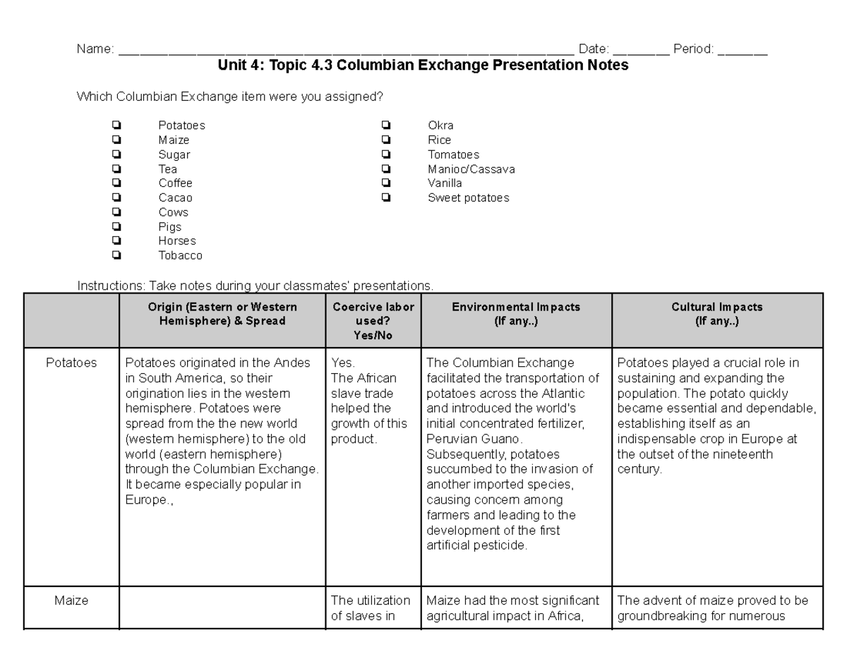 Unit 4: Columbian Exchange Presentation Handout & Notes - Studocu