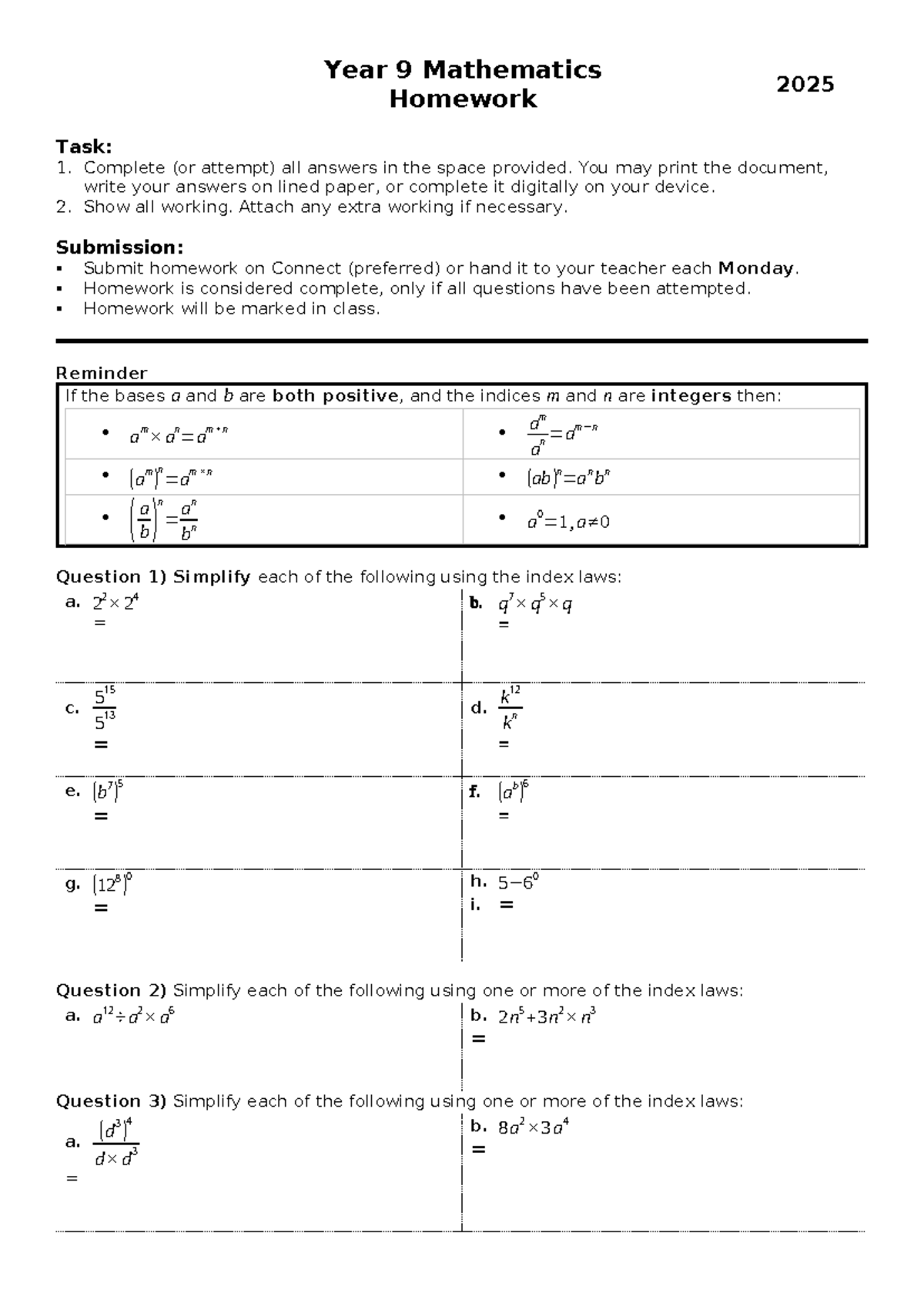 Y9 Math Homework 2025: Index Laws Practice Test - Studocu