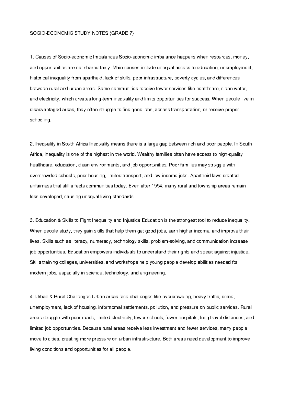 Socio-Economic Study Notes (Grade 7): Causes & Effects of Inequality ...