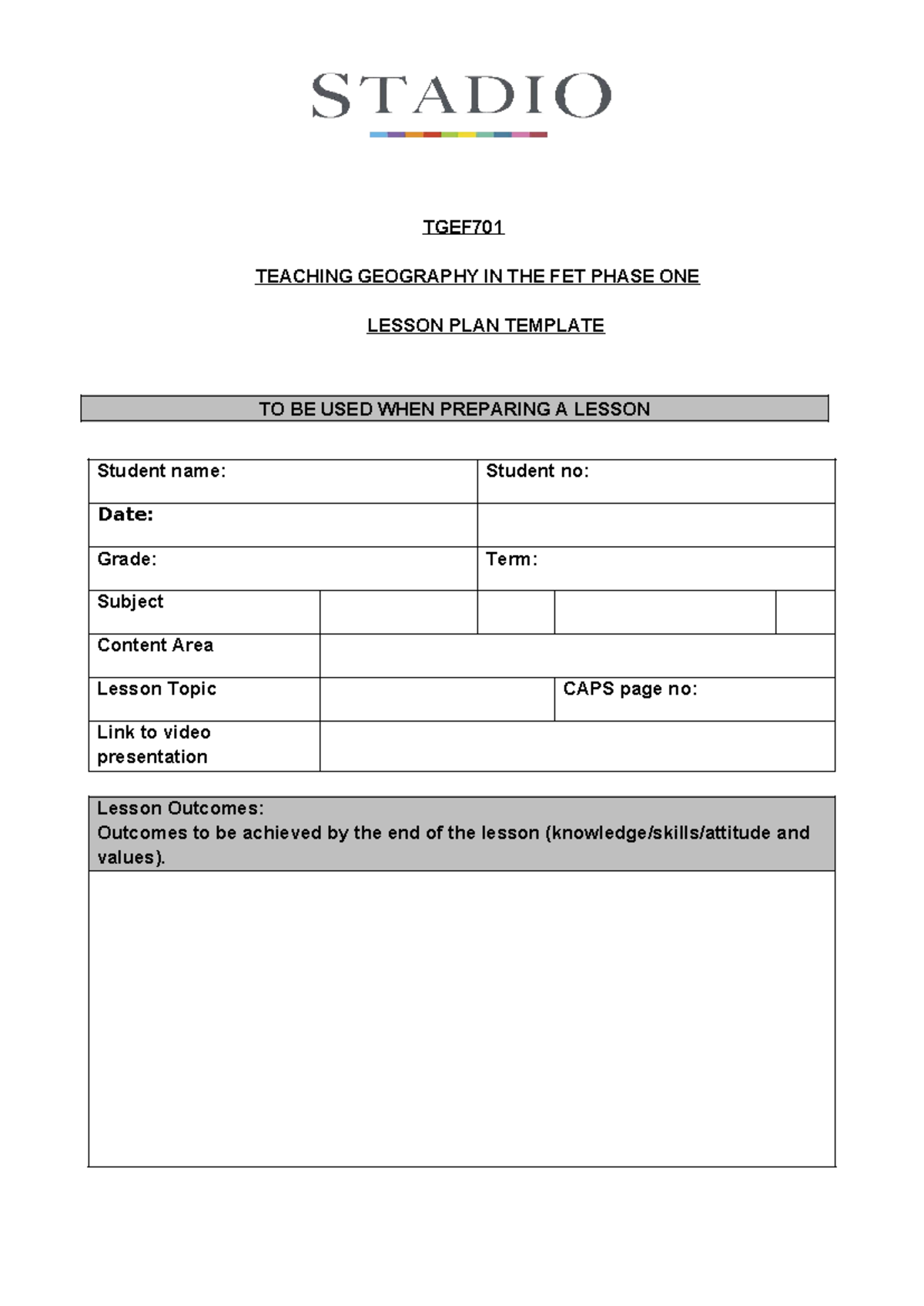 TGEF701 Teaching Geography FET Phase One Lesson Plan Template - Studocu