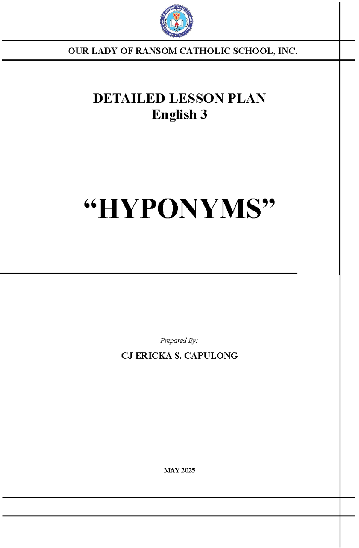 Detailed Lesson Plan on Hyponyms for English 3 (Final Exam) - Studocu