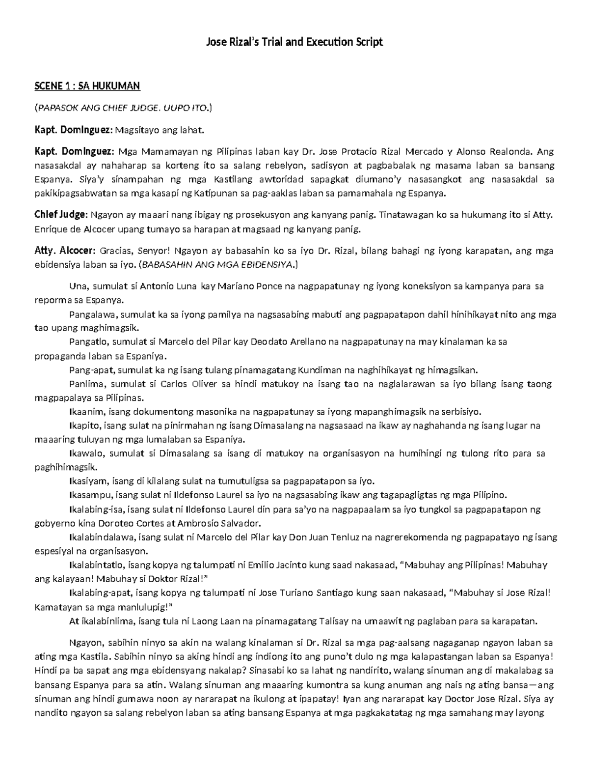 The Trial of Jose Rizal: Script of SCENE 1 and 2 (630728061) - Studocu