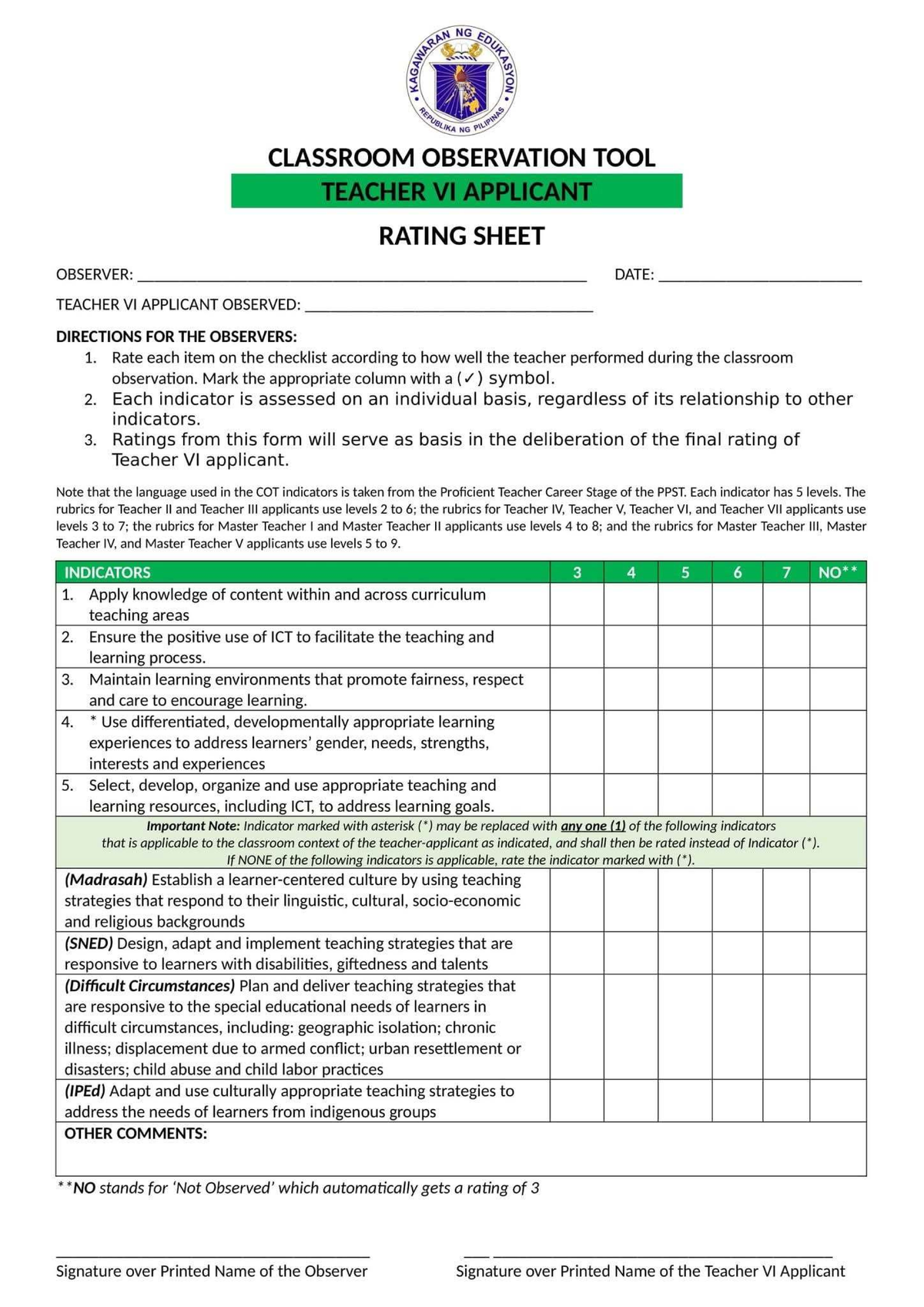 T6COIRS - Teacher VI Classroom Observation Rating Sheet - Studocu