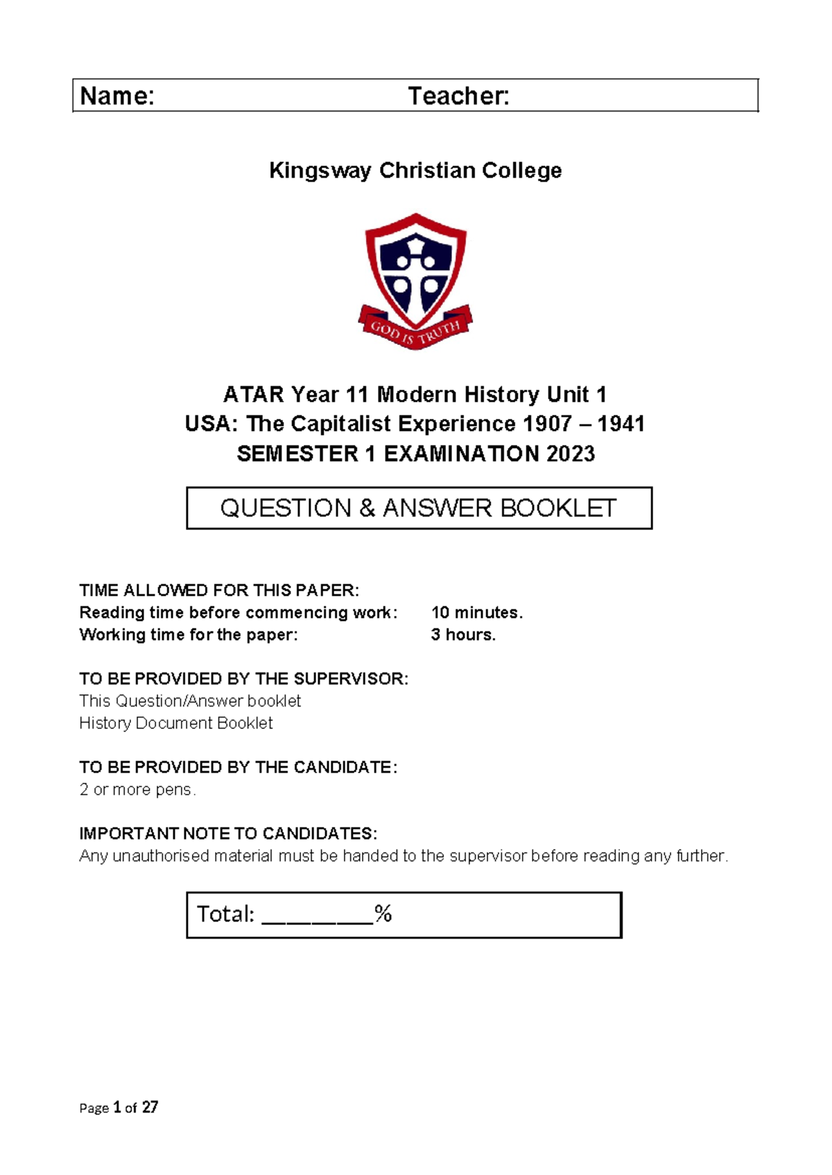 ATAR Year 11 Modern History Unit 1: USA Capitalist Experience Exam 2023 ...