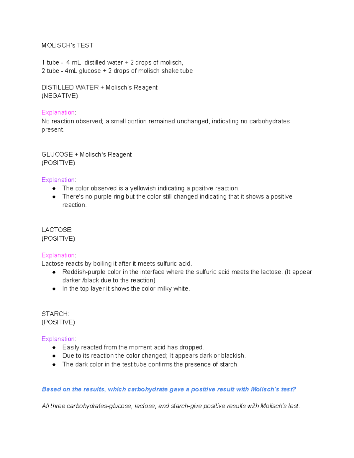 MOLISCH's TEST - LAB Results for Carbohydrates Analysis - Studocu