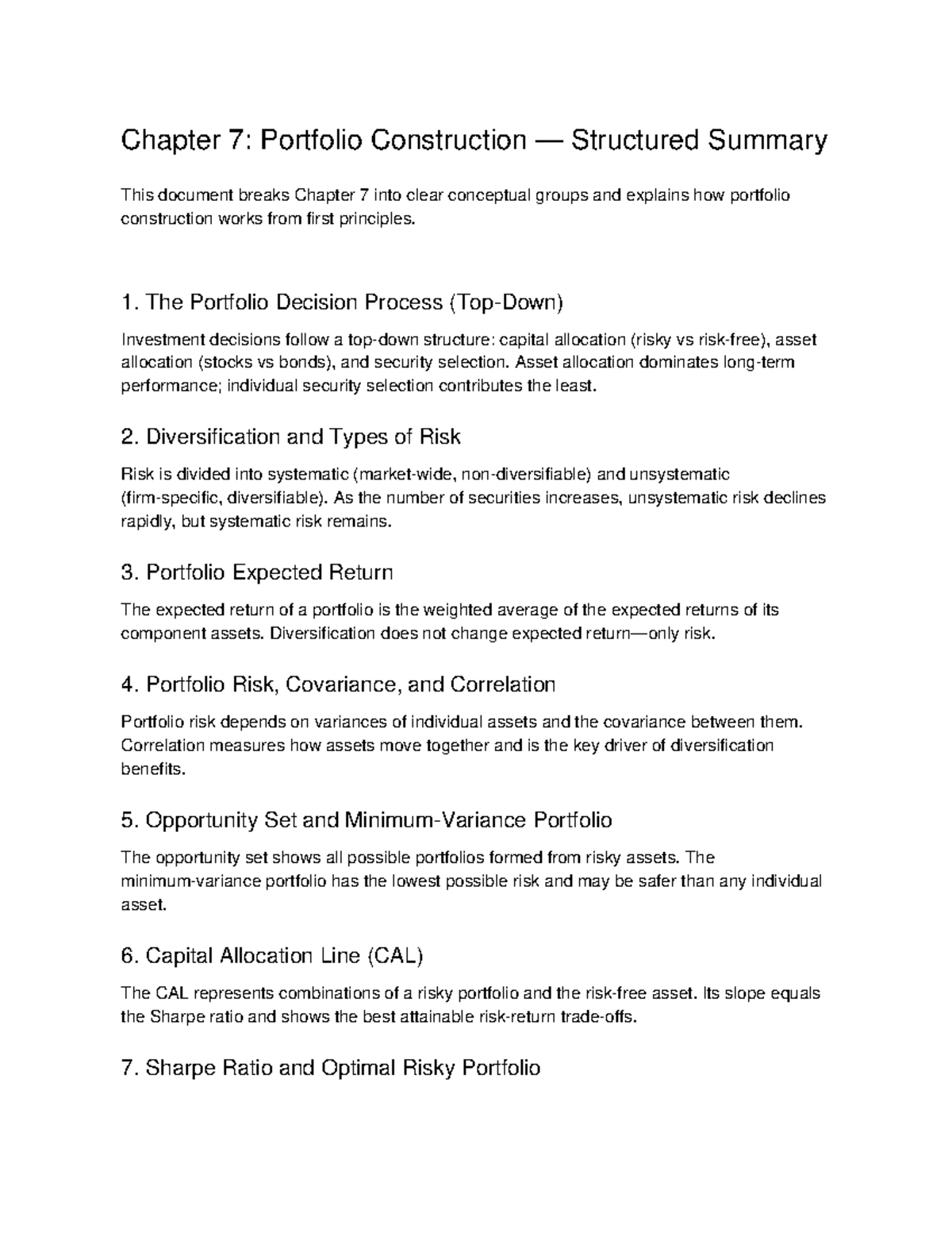 Chapter 7: Portfolio Construction Summary (FIN 101) - Studocu
