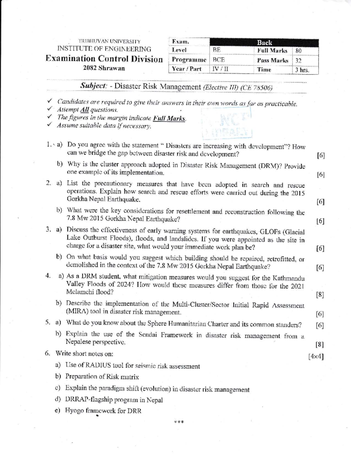 Disaster Risk Management (DRM) Exam Notes - BE (CE 78506) - Studocu