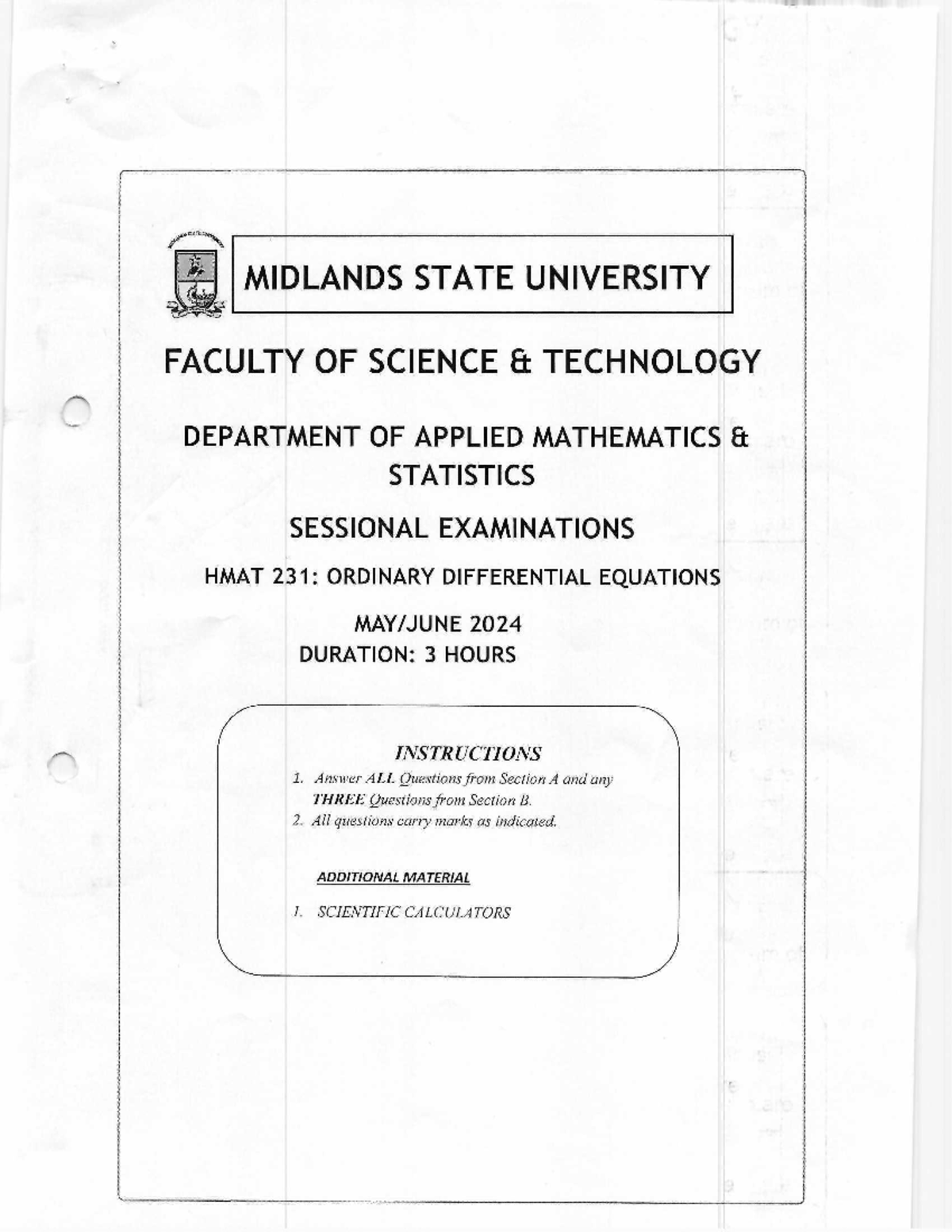 HMAT 231: Ordinary Differential Equations Sessional Exam 2024 - Studocu
