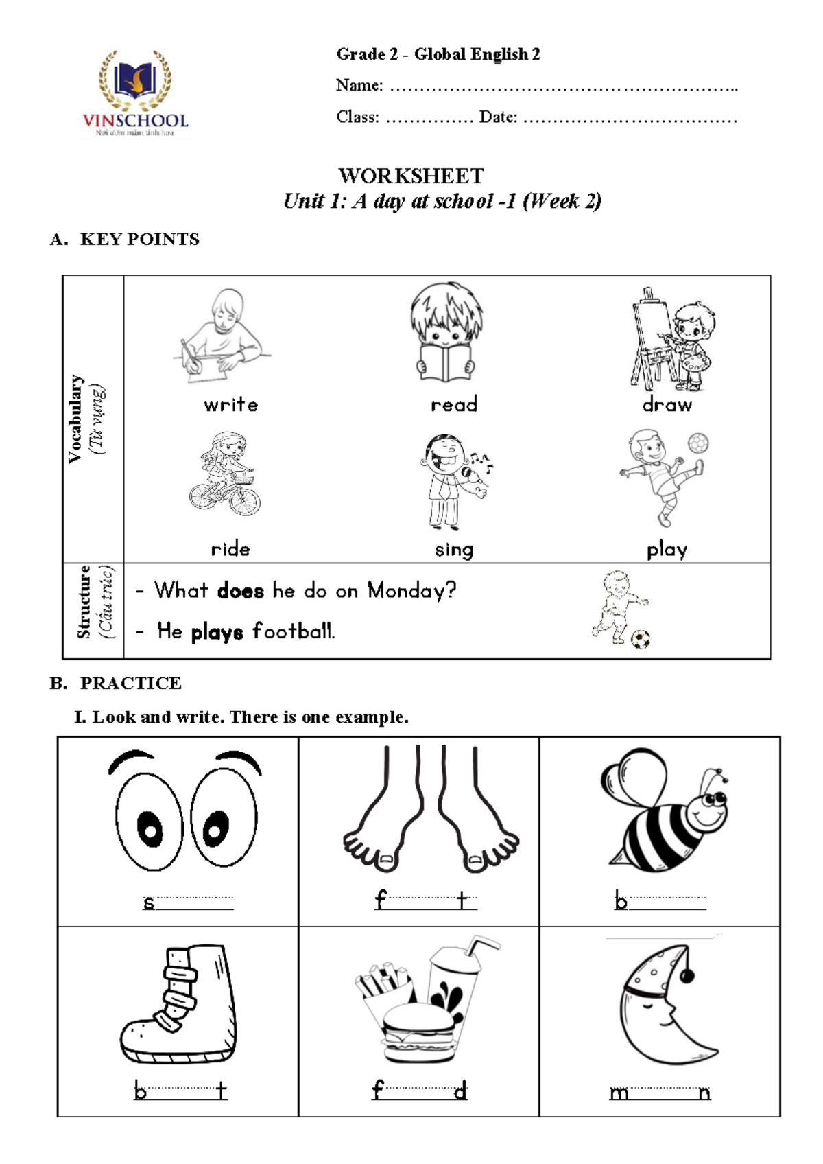 Grade 2 Global English 2: Unit 1 Worksheet (Week 2) - Studocu