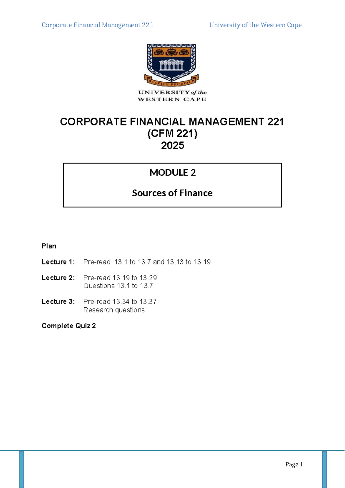 CFM 221 Corporate Financial Management: Sources of Finance Overview ...