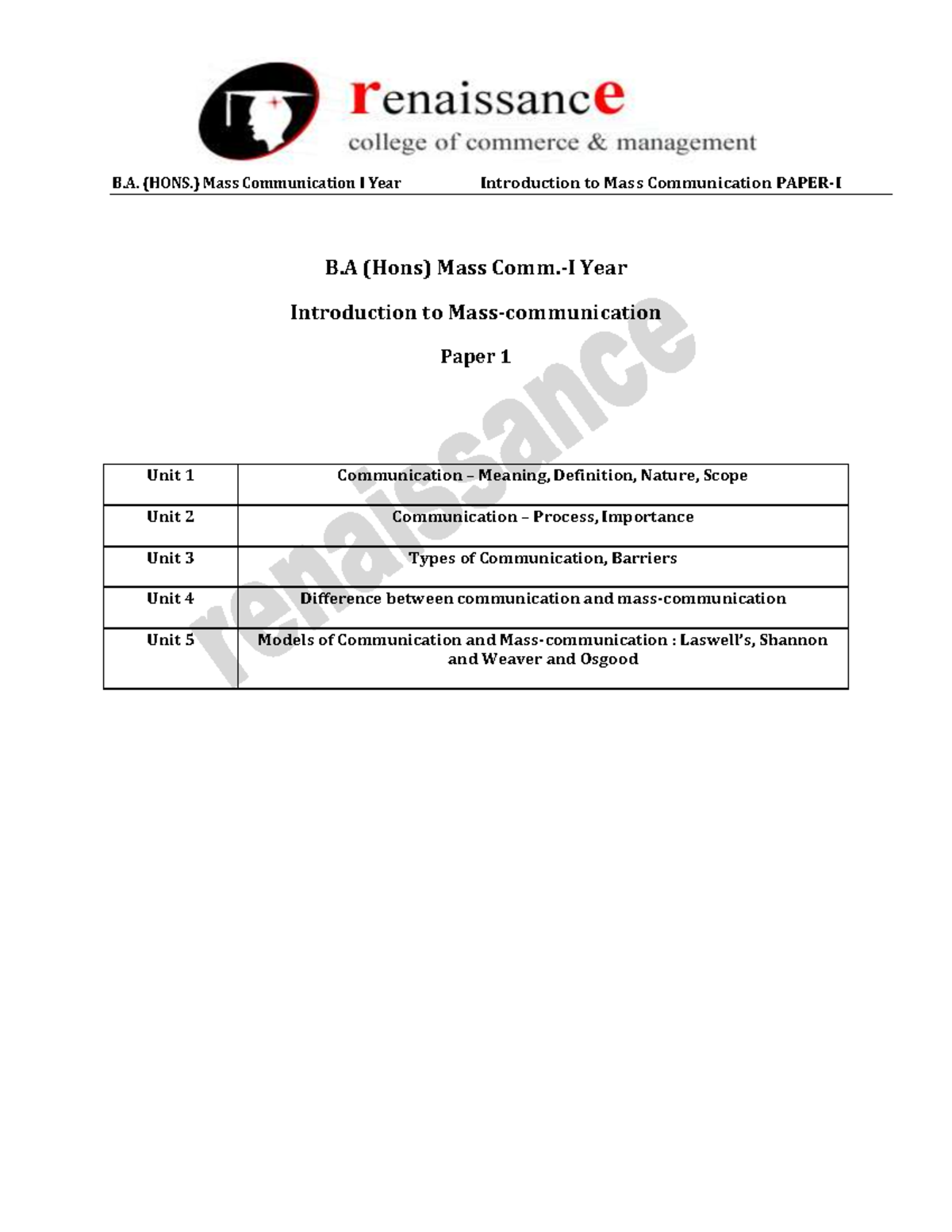 B.A. (HONS.) Mass Communication I Year: Intro to Communication Concepts ...