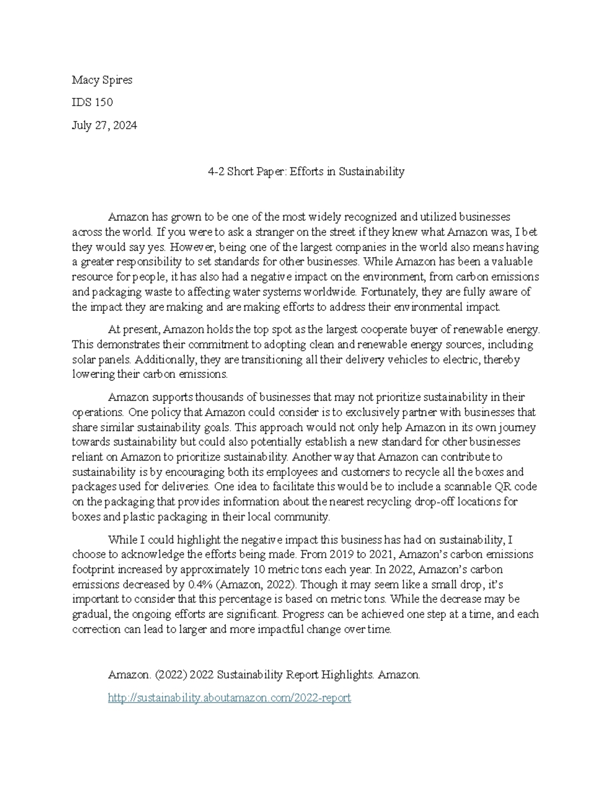 IDS 150 Short Paper 4-2: Amazon's Commitment to Sustainability Efforts ...