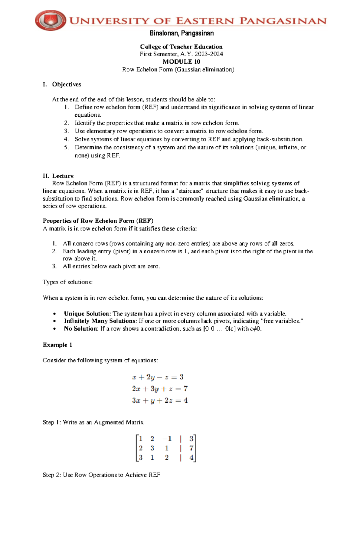 Linear Algebra M10: Introduction to Row Echelon Form & Solutions - Studocu