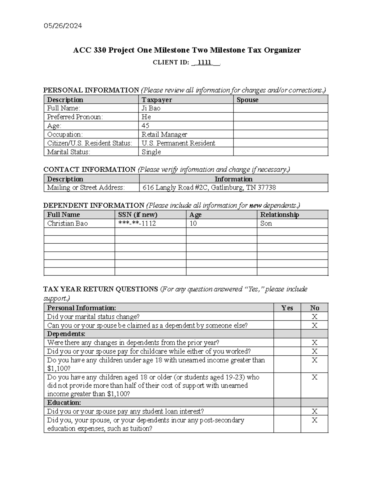ACC 330 Milestone 2: Comprehensive Tax Organizer Submission - Studocu