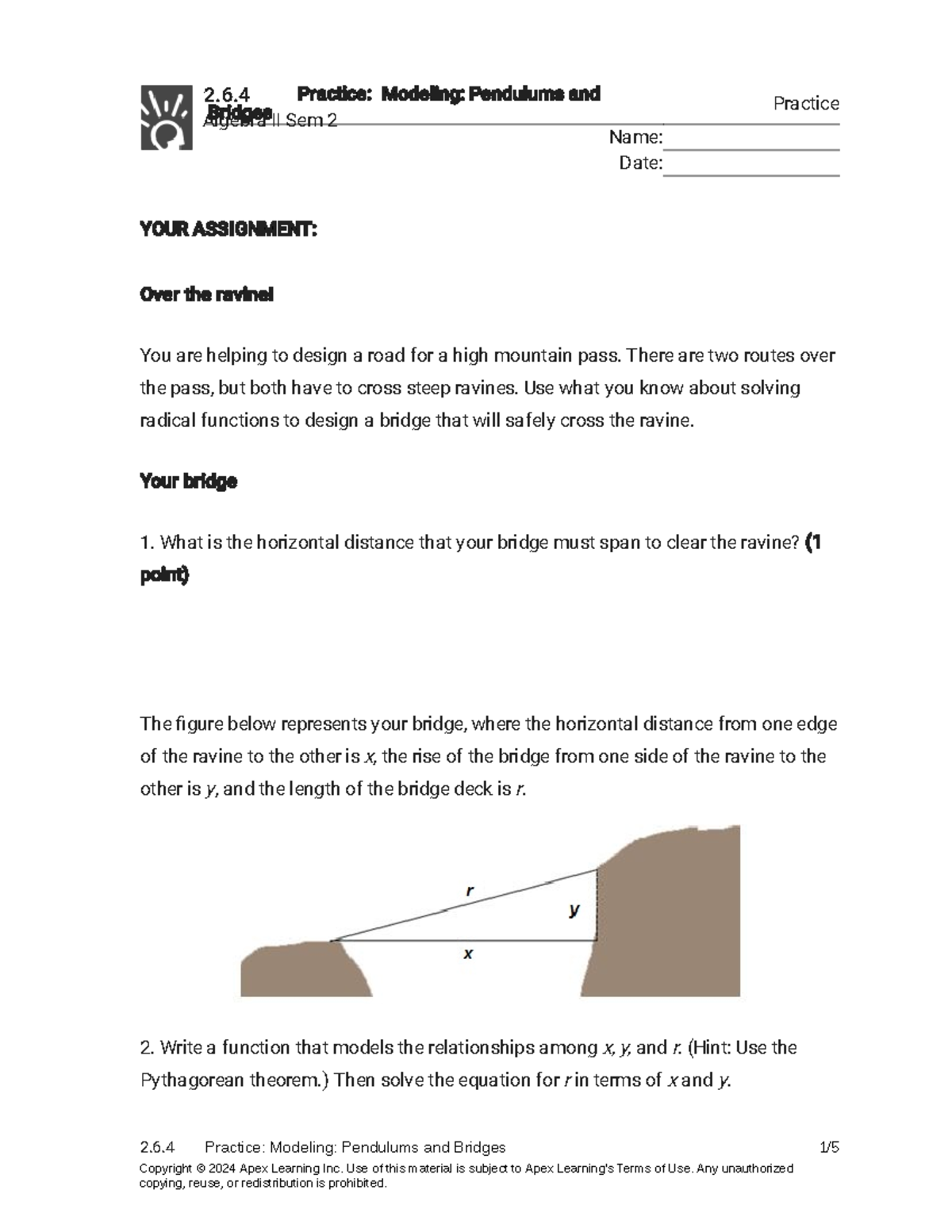 Modeling Pendulums & Bridges: Practice for Algebra II Sem 22 - Studocu