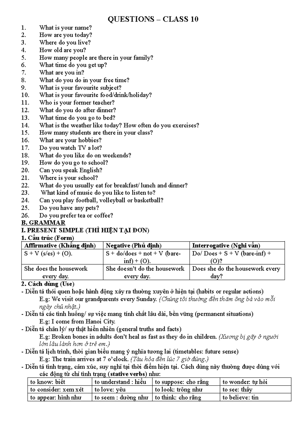 QUESTIONS – CLASS 10: PRESENT SIMPLE GRAMMAR EXAMPLES - Studocu