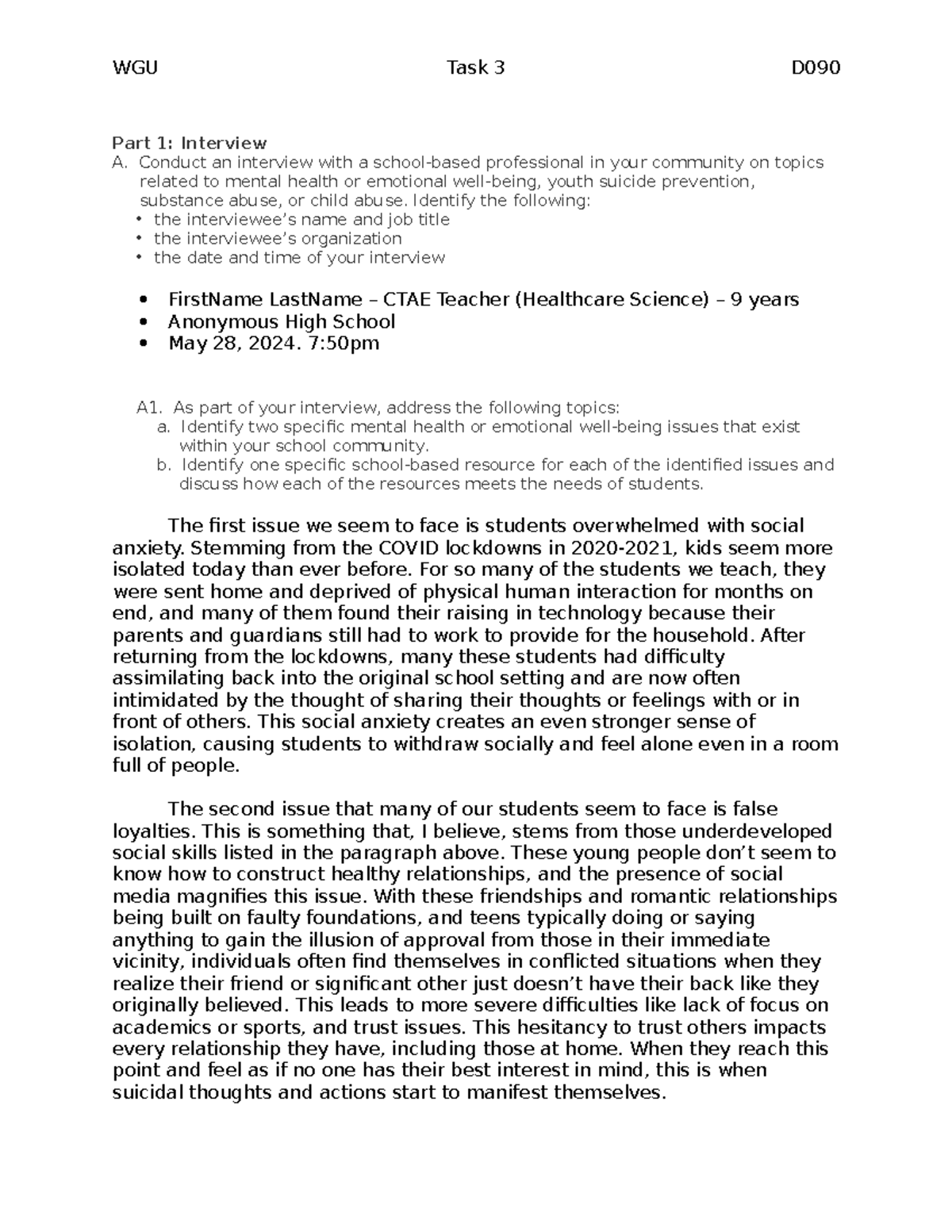 Task 3 - D090 - PASSED FIRST TRY! - WGU Task 3 D Part 1: Interview A ...