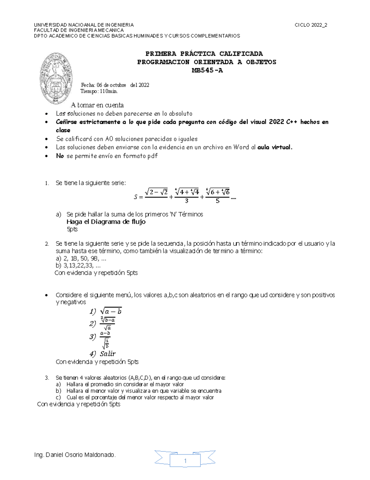 1ERA PRÁCTICA CALIFICADA - MB545 PROGRAMACIÓN ORIENTADA A OBJETOS - Studocu