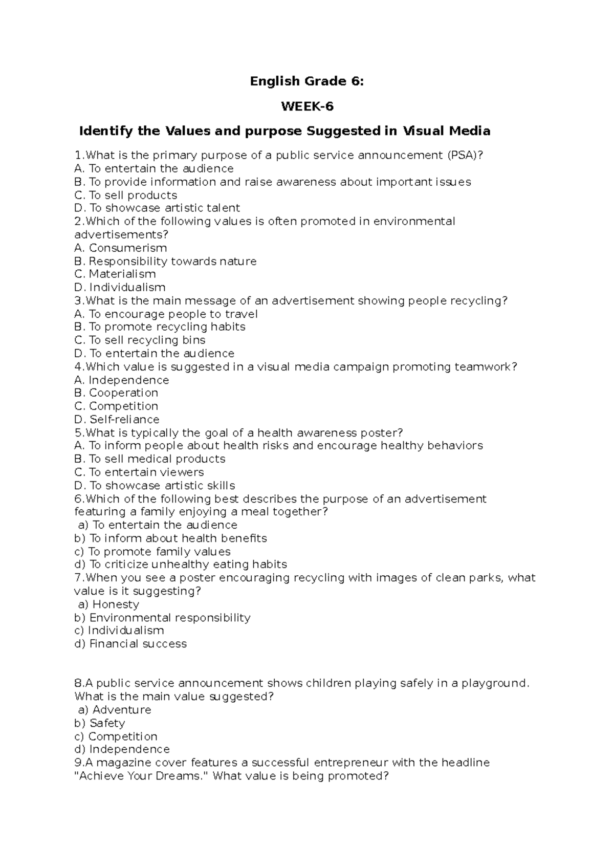 English Grade 6 Q1 WK 6 - Values & Purposes in Visual Media - Studocu