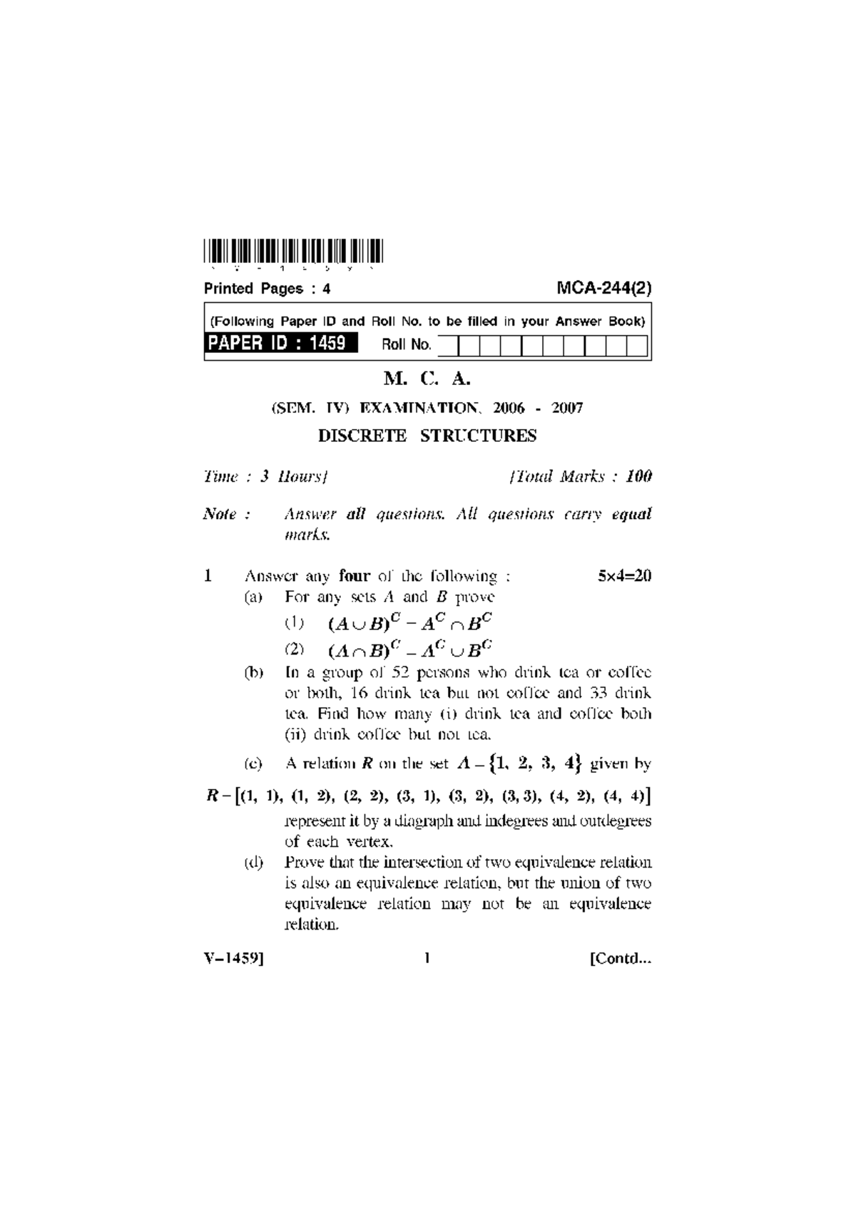 Discrete Structures Exam Notes - M.C.A. (SEM. IV) - Paper ID 1459 - Studocu