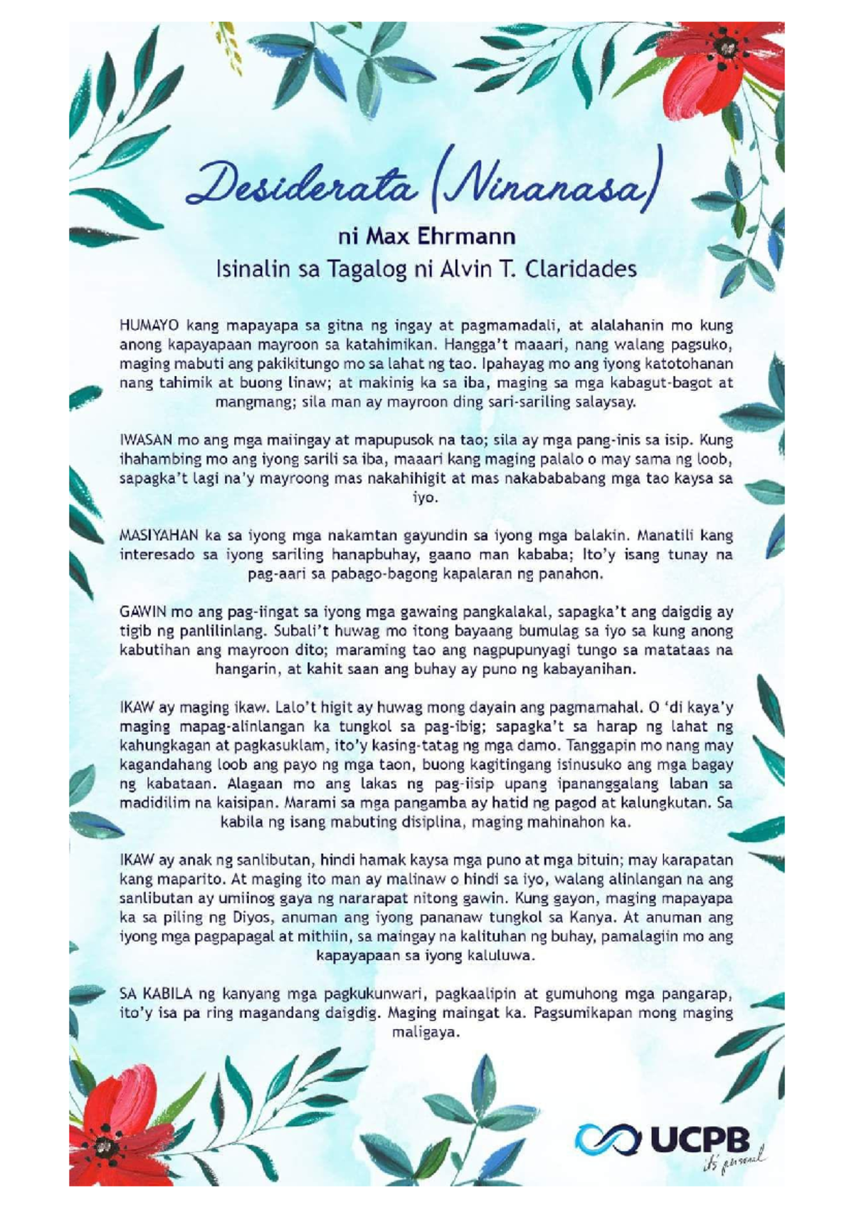Desiderata (Ninanasa) ni Max Ehrmann: Isinalin sa Tagalog - UCPB - Studocu