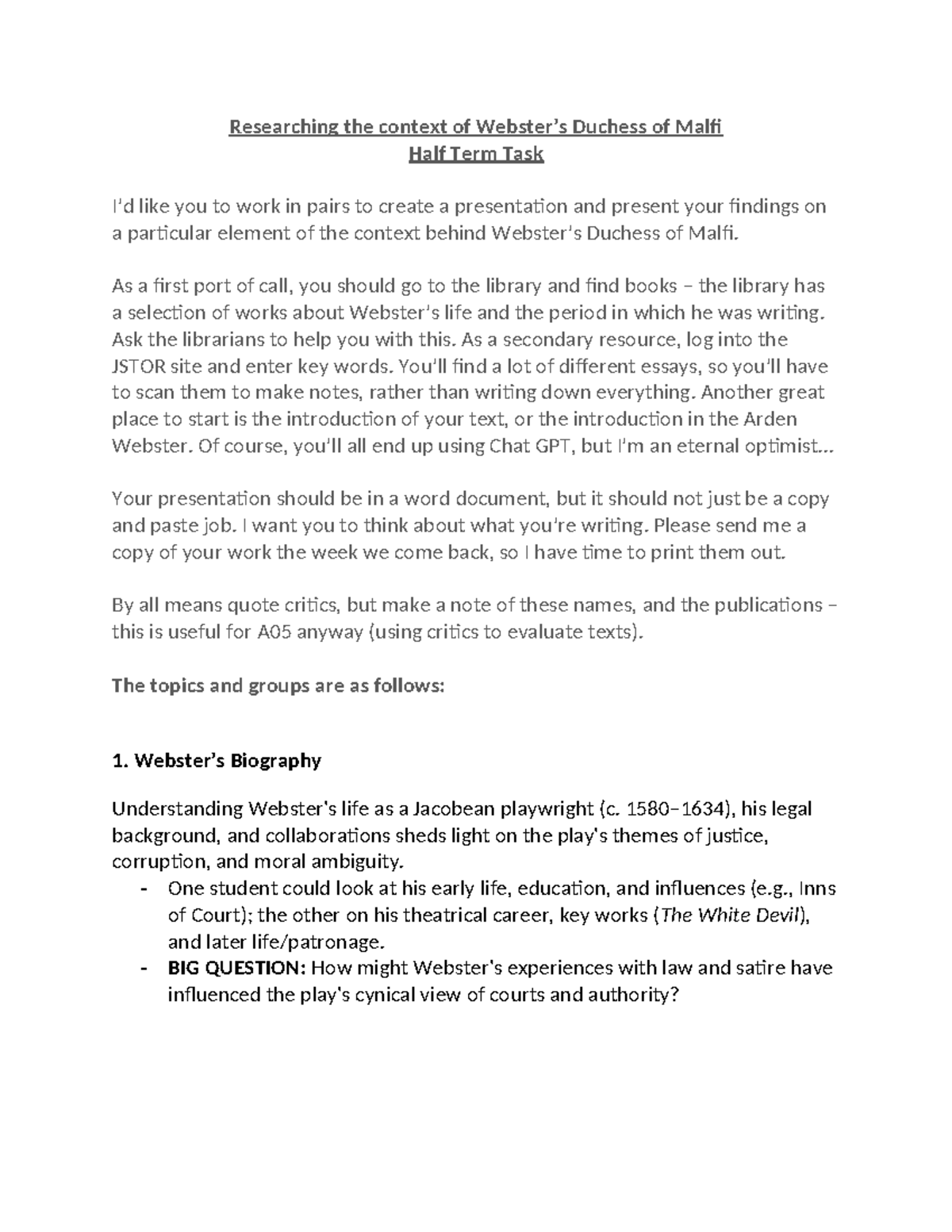 Duchess of Malfi Context Research: Half Term Task (ENG 101) - Studocu