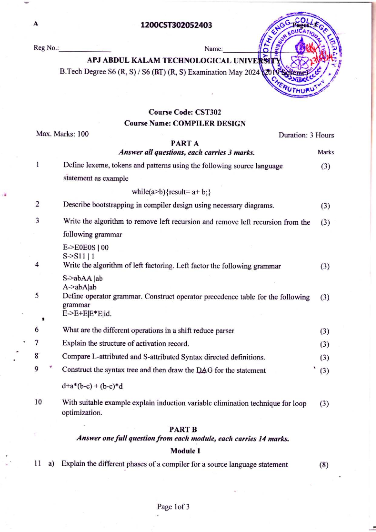 CST302 Compiler Design Final Exam May 2024 - Question Paper - Studocu