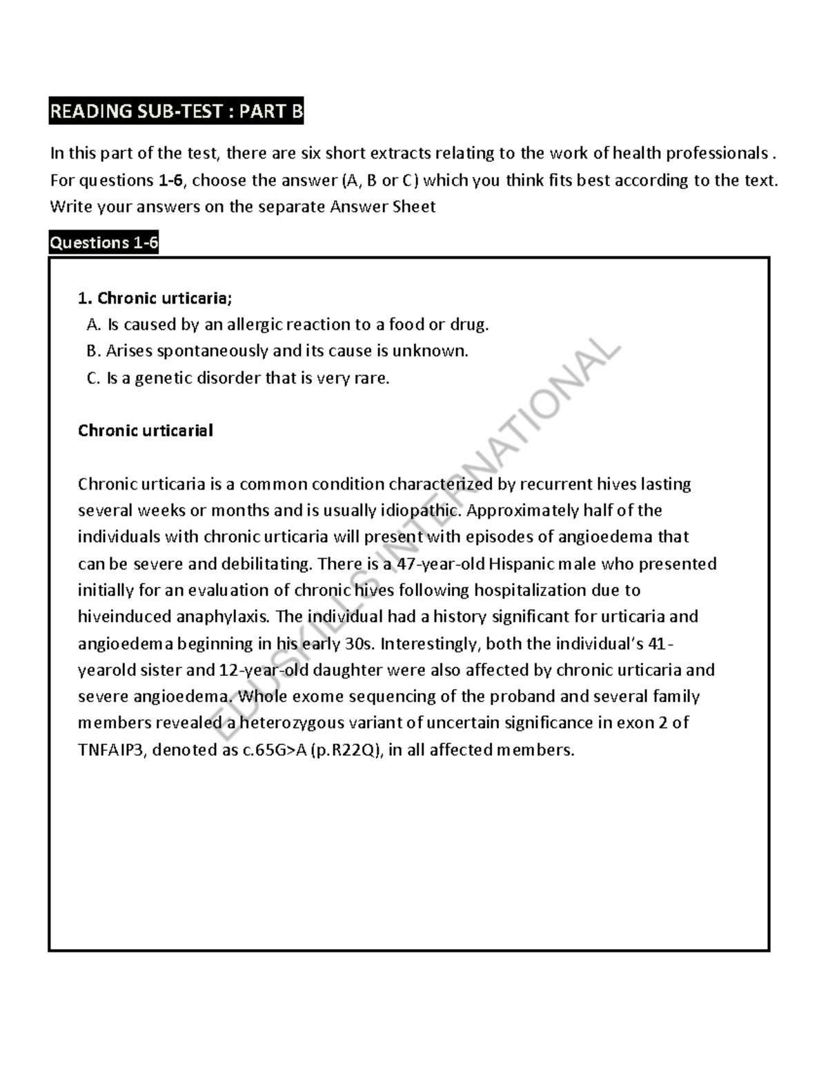 Eduskills Reading PART B - READING SUB-TEST : PART B In this part of ...