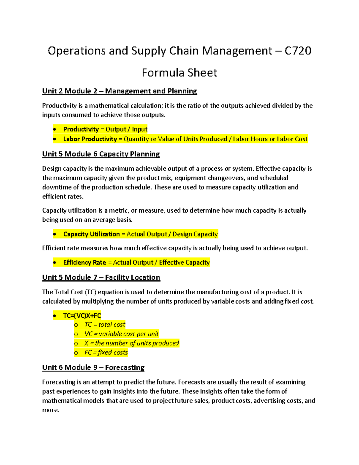 C720 Operations and Supply Chain Management Formula Sheet - Studocu