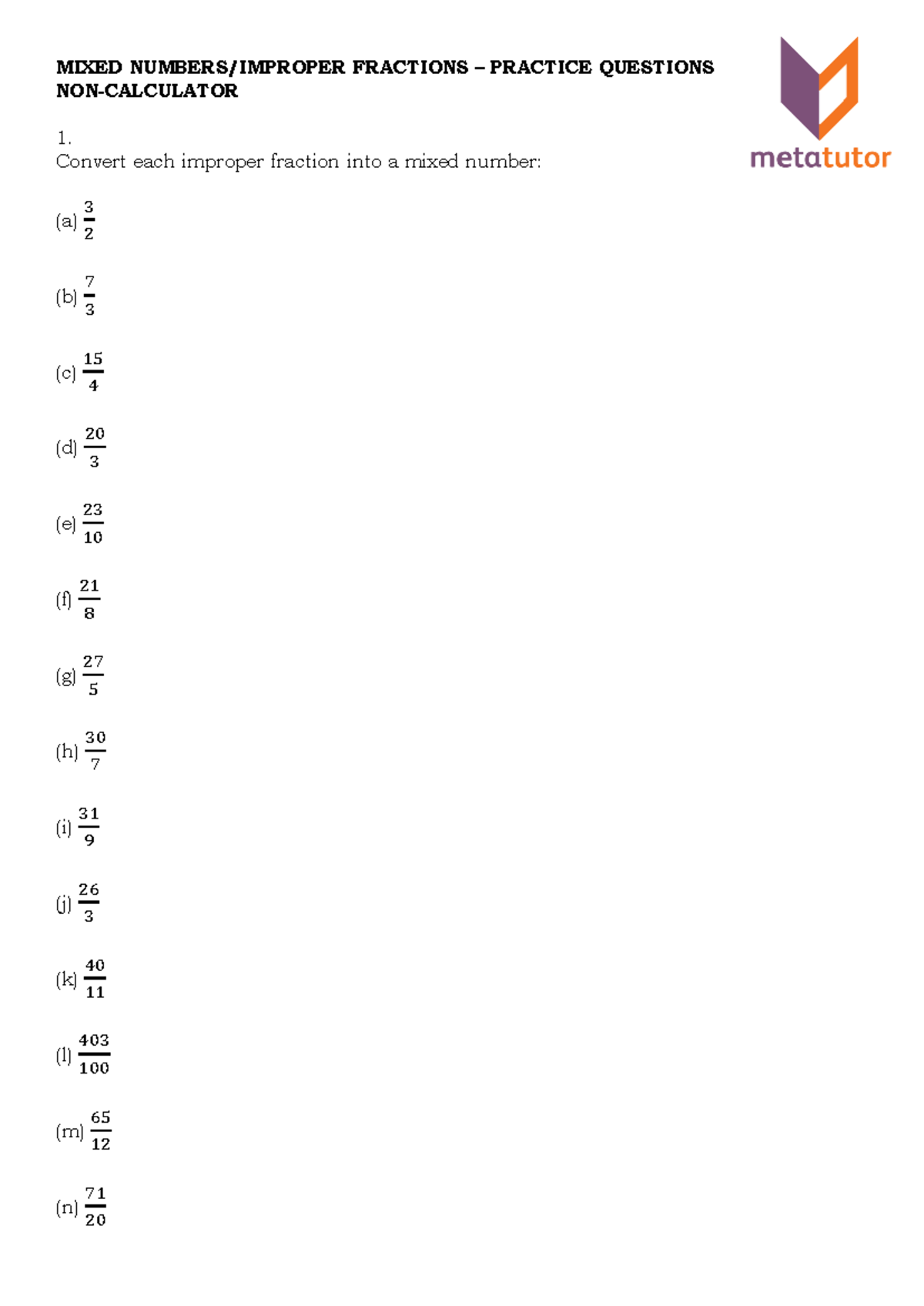 MATH 101: Mixed Numbers & Improper Fractions Practice Questions - Studocu