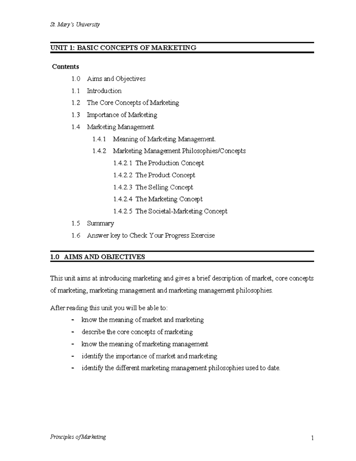 St. University Principles of Marketing: Unit 1 - Basic Concepts ...