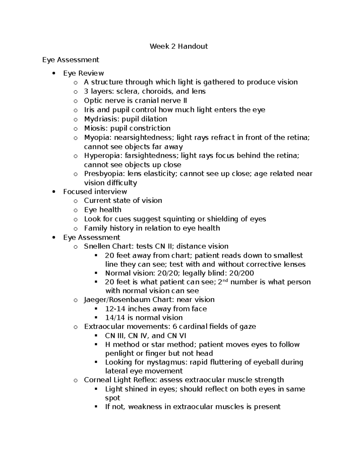 Week 2 Handout: Eye & ENT Assessment Overview - Studocu