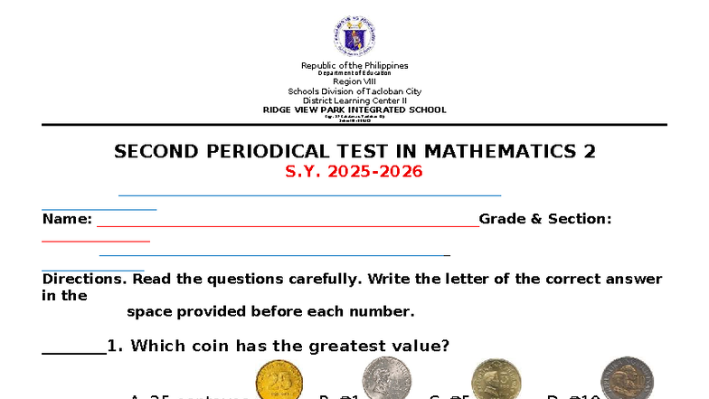 Second Periodical Test with TOS for GRADE 2 S.Y. 2025-2026 - Studocu
