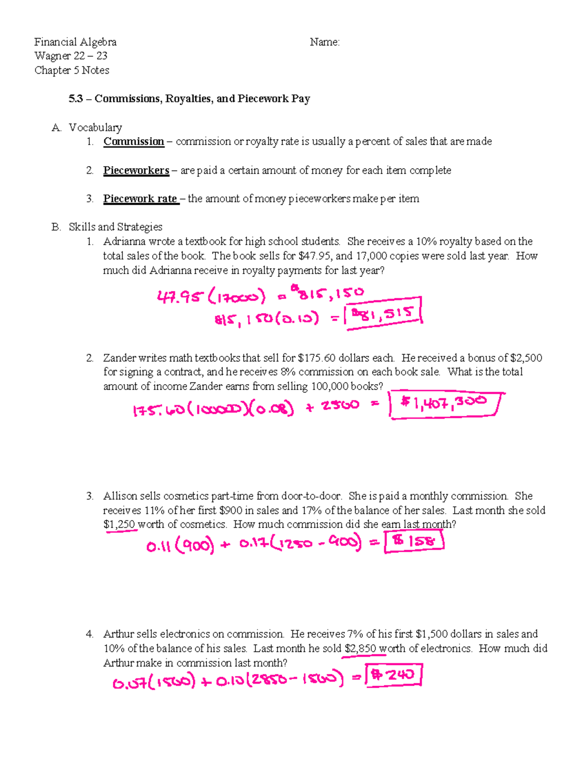 Financial Algebra Wagner 22 23 Chapter 5.3 Commissions Notes - Studocu