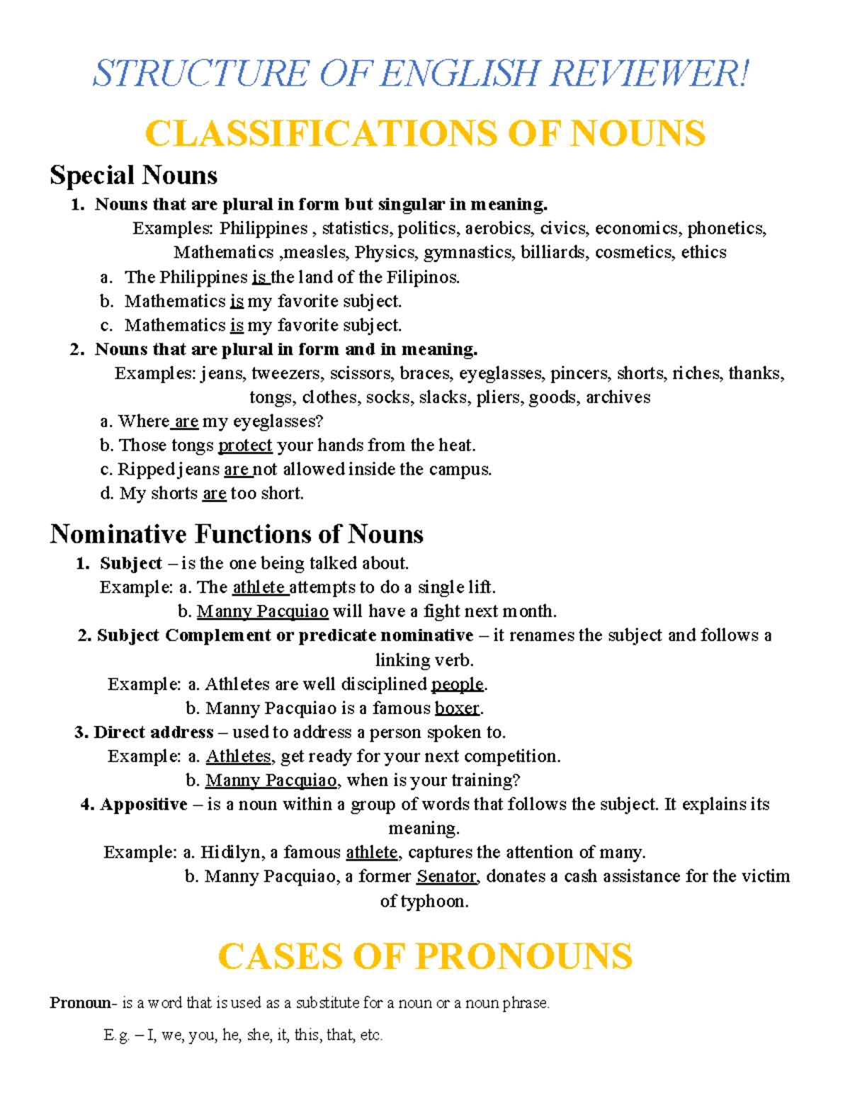 ENG-103-reviewer - yeaf - STRUCTURE OF ENGLISH REVIEWER! CLASSIFICATIONS OF NOUNS Special Nouns ...