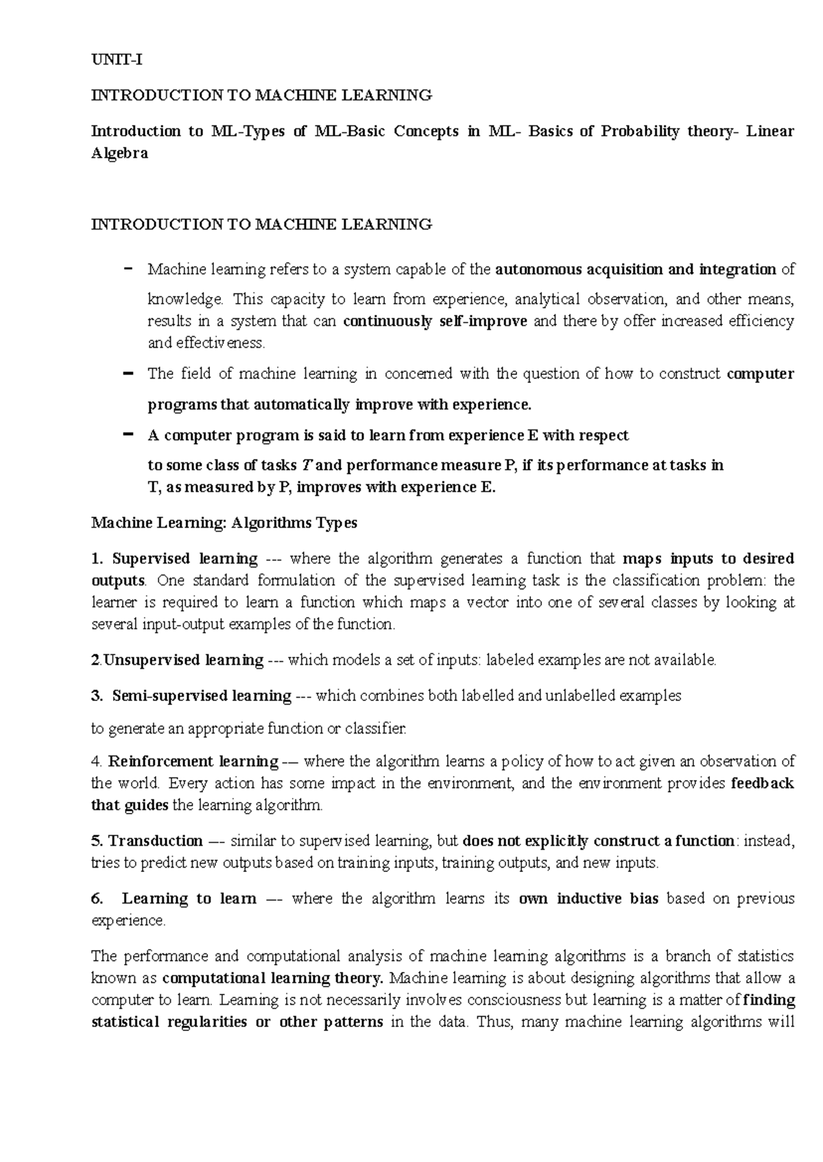 UNIT-i - Machine learning - UNIT-I INTRODUCTION TO MACHINE LEARNING Introduction to ML-Types of ...