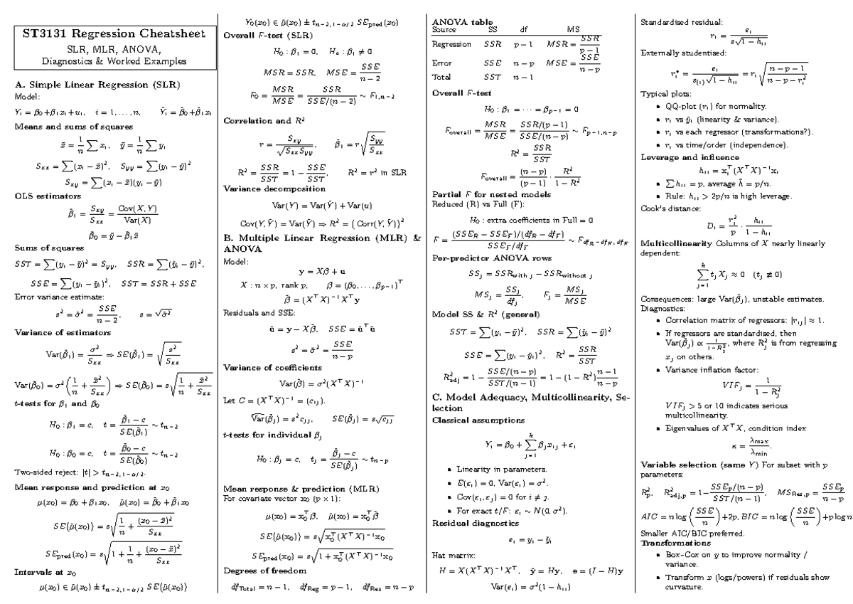 ST3131 Final Exam Regression Cheatsheet: SLR, MLR, ANOVA, Diagnostics ...