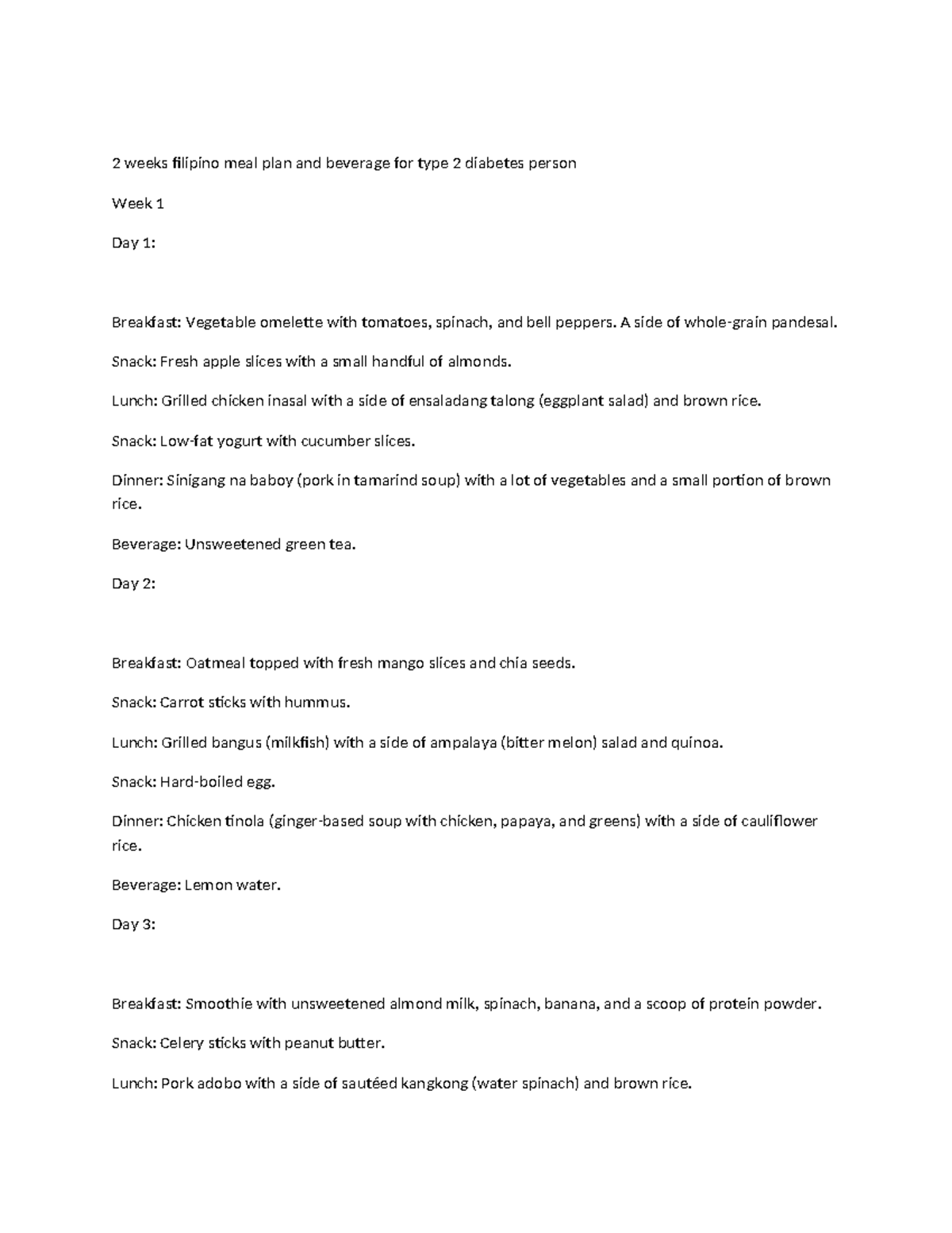 2-Week Filipino Meal Plan for Type 2 Diabetes Management - Studocu