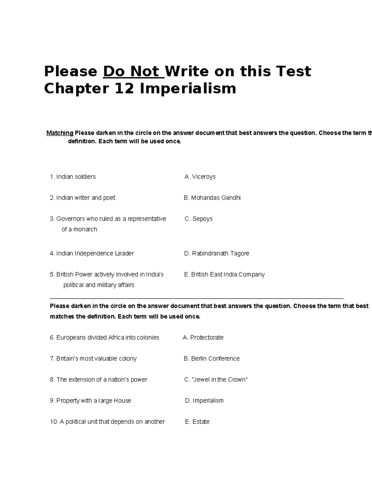 Chapter 12 Imperialism Test - World History 9 Matching & Essay ...