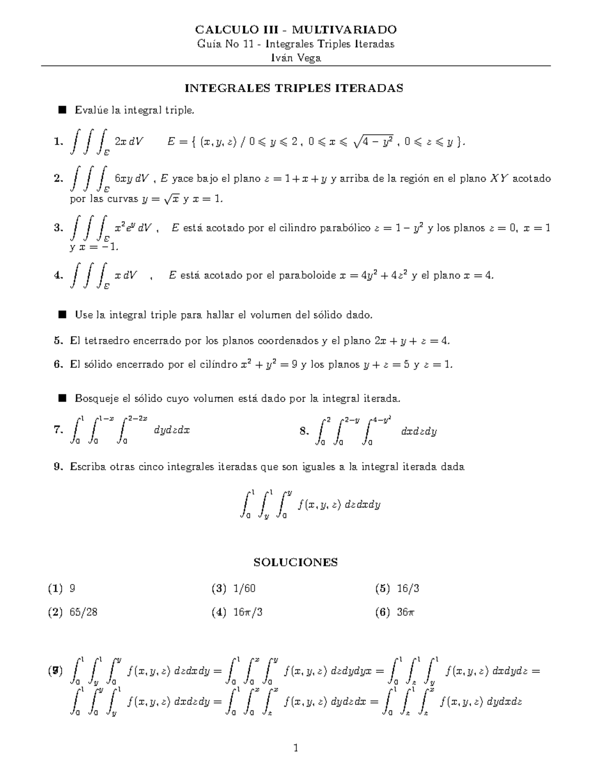 CALCULO MULTIVARIADO - GUÍA 11: Integrales Triples Iteradas - Studocu
