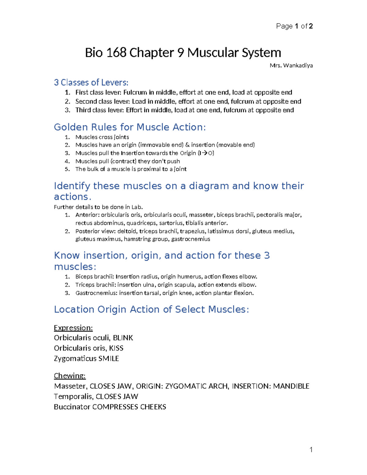 Bio 168 Chapter 9: Muscular System Overview and Key Concepts - Studocu