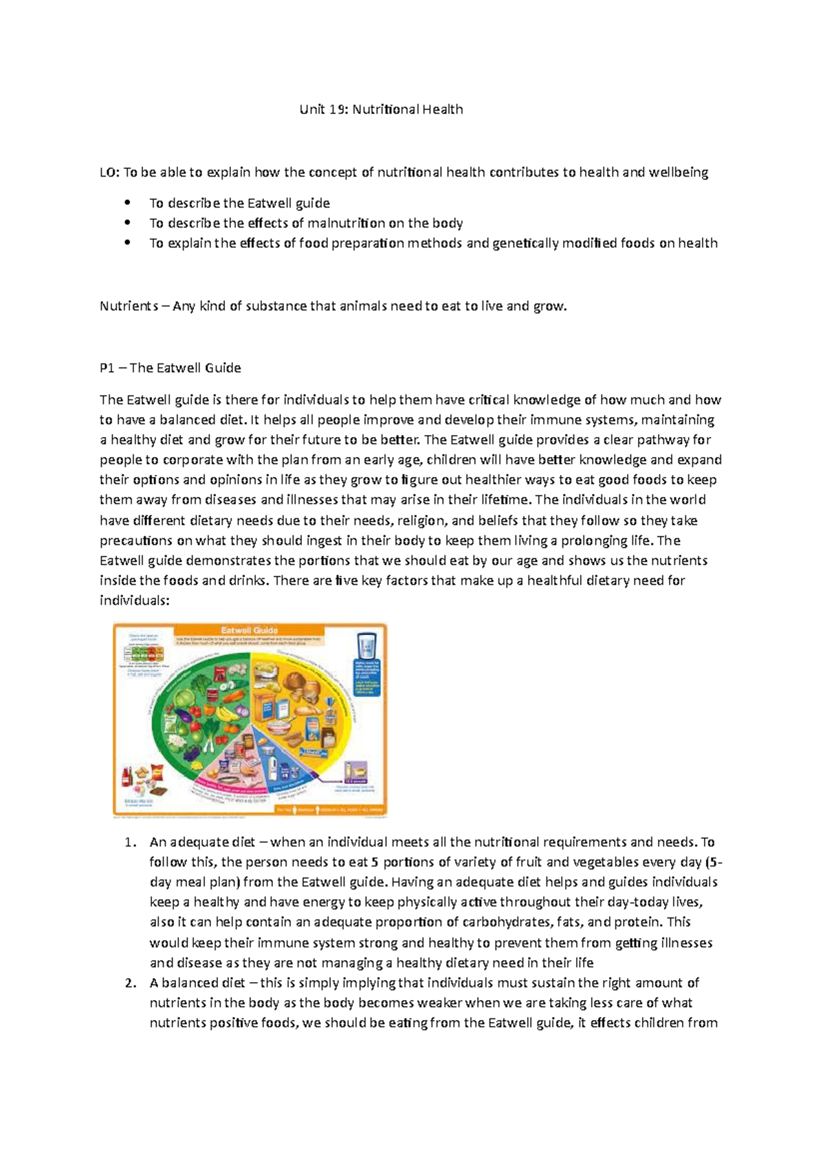 Unit 19 Nutritional Health - Unit 19: Nutritional Health LO: To be able ...
