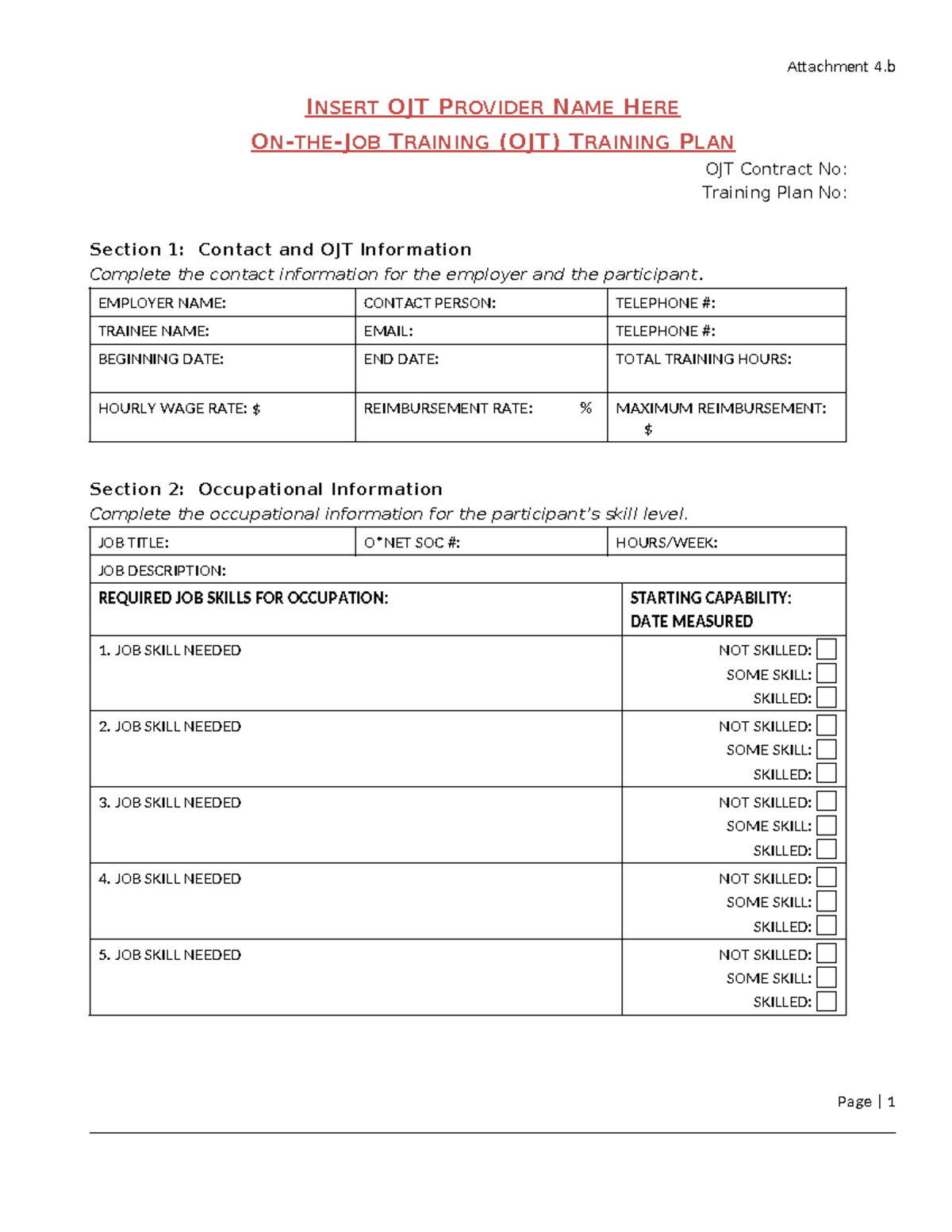 OJT Training Plan Template - Skills Assessment & Requirements - Studocu