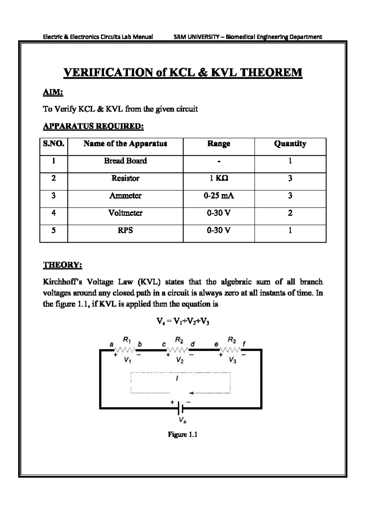 KCL and KVL Verification Lab Manual - SRM University BME - Studocu