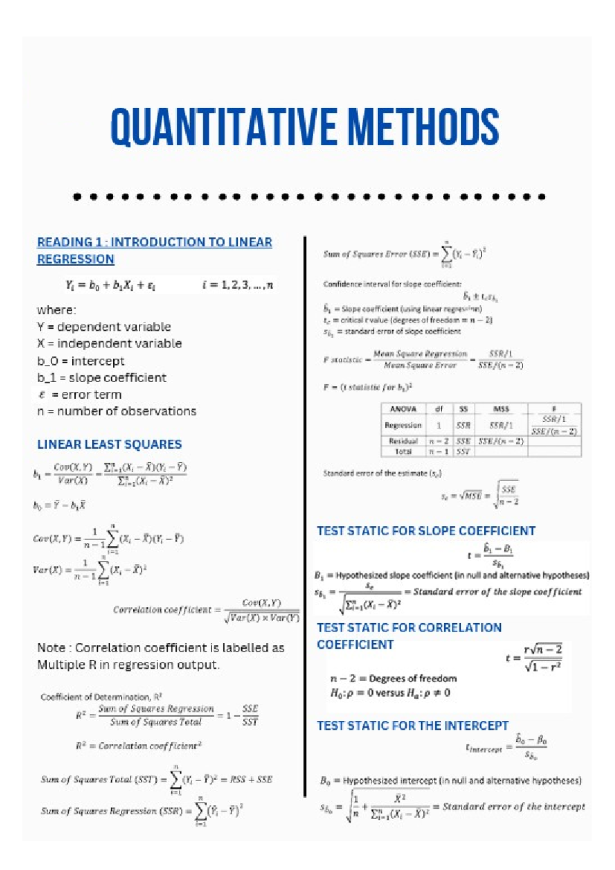 Quantitative Methods Formula Summary for CFA Level 3 Exam - Studocu